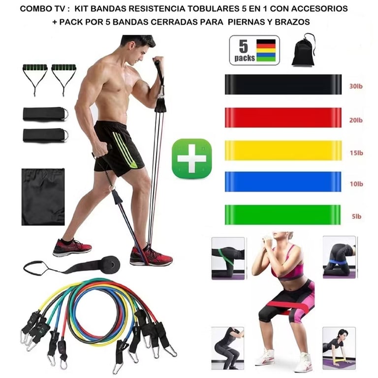 Combo Bandas Elasticas Resistencia Tubulares Y Bandas Planas ONE PIXEL ...