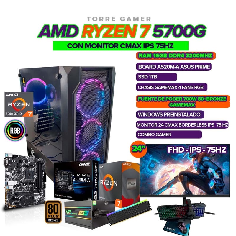PC GAMER RYZEN 7 5700G/ MONITOR CMAX 24" FHD/ RAM 16GB/ SSD 1TB/ COMBO ...