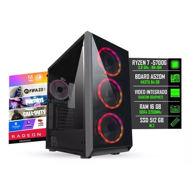 Torre Gamer Rgb Cpu Ryzen 7-5700g / Ram 16gb / 512gb SSD M.2 / Radeon ...