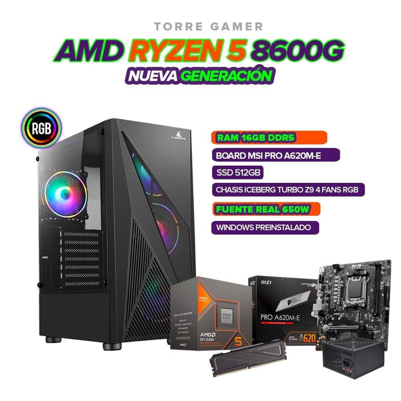 PC GAMER R5 8600G 16GB DDR5 BOARD A620 SSD 512GB CHASIS 4 FANS RGB ...