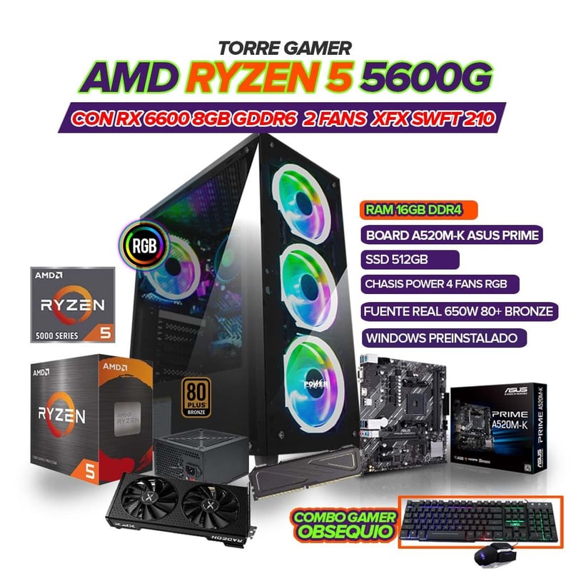PC GAMER RYZEN 5 5600G/ GRAFICA RX6600 8GB / RAM 16GB/ 512GB SSD M.2 AMD | falabella.com