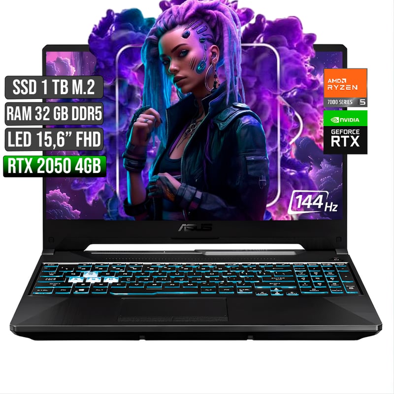 ASUS TUF AMD RYZEN 5-7535HS RTX 2050 4GB SSD 1TB RAM 32GB LED 15,6" FHD ...