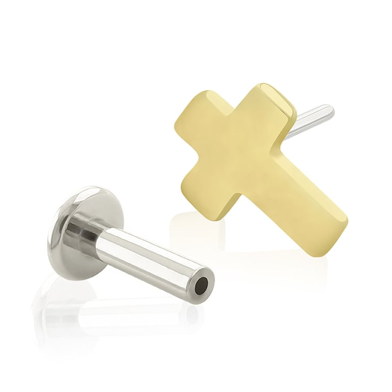 Oro sólido14k Arete piercing Cruz para Lóbulo cartílago y Helix AGHA ...