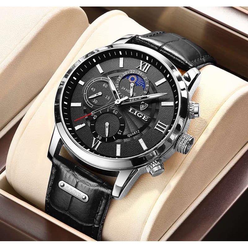 RELOJ LIGE ORIGINAL CRONOGRAFO LG8932C NEGRO PLATEADO PULSO CUERO LIGE ...