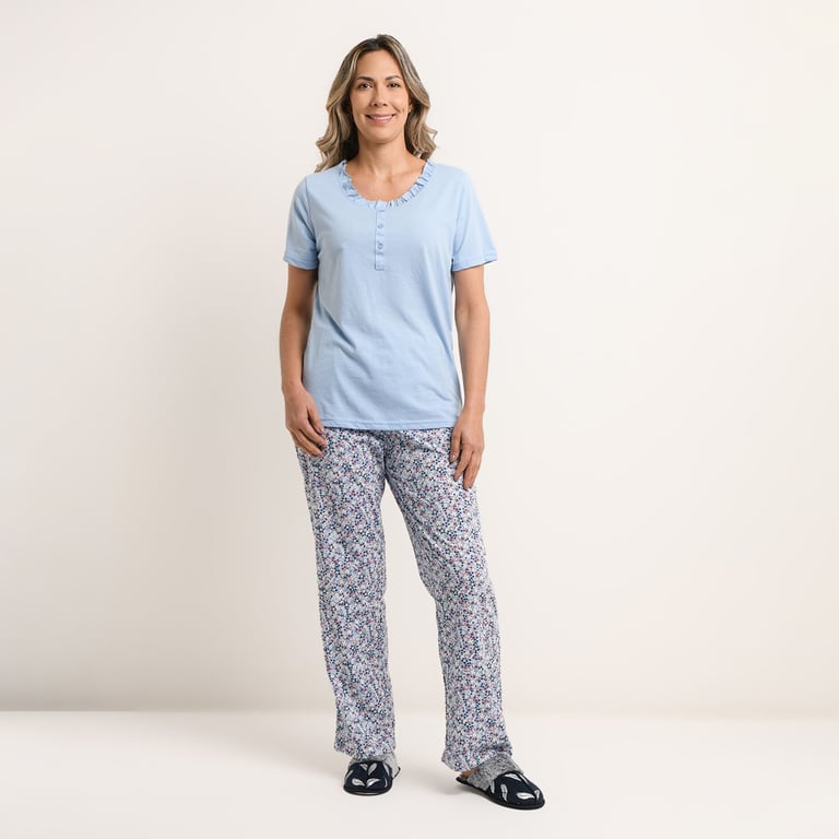Pijama completa con pantalón para Mujer Larga Manga corta con Flores ...