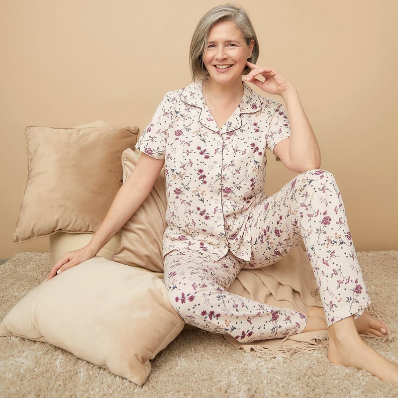 Pijama completa con pantalón Largo Manga corta con Flores para Mujer ...