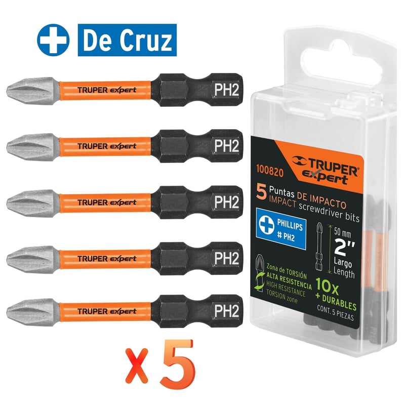 Juego 5 puntas de impacto para taladro atornillador, PhillipsPH2 x 2 ...