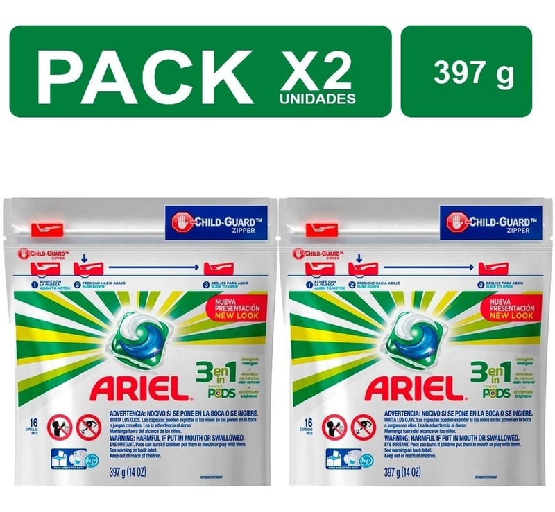 Packx2 Detergente Ariel Power Pods 3en1 16 Cápsulas 397g ARIEL ...