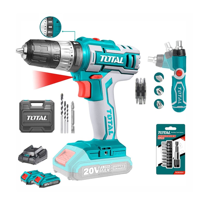 COMBO 20V TOTAL TALADRO PERCUTOR 10MM DESARMADOR MANUAL SET PUNTAS ...