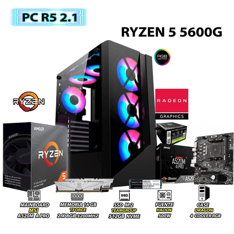 Computadora PC Ryzen 5 5600G RAM 16GB DISCO 500GB SSD CON GRAFICOS AMD RADEON AMD | falabella.com