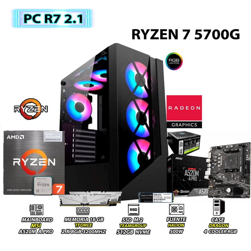 Computadora PC Ryzen 7 5700G RAM 16GB SSD 500GB CON GRAFICOS AMD RADEON ...