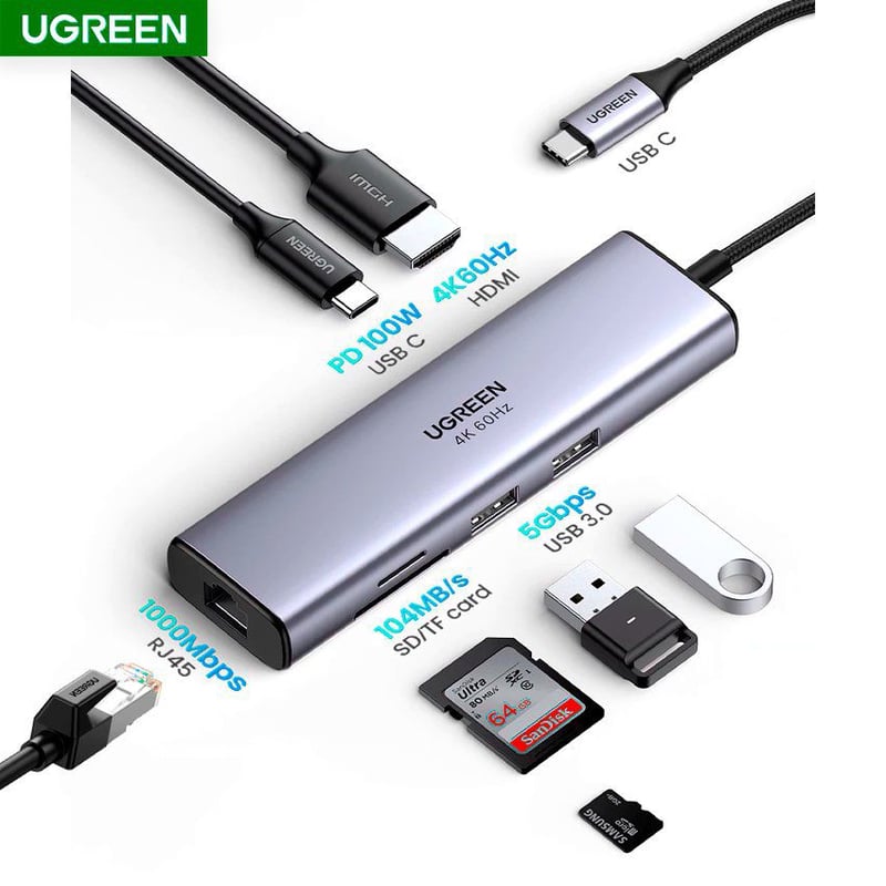 Hub adaptador usb c ugreen hdmi, rj45, usb 3.0 sd 7en1 UGREEN ...
