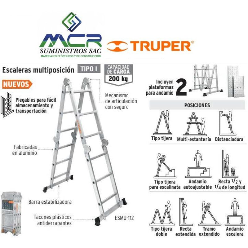 ESCALERA MULTIPOSICION 12 PELDAÑOS 200 KG ALUMINIO 100495 TRUPER TRUPER ...