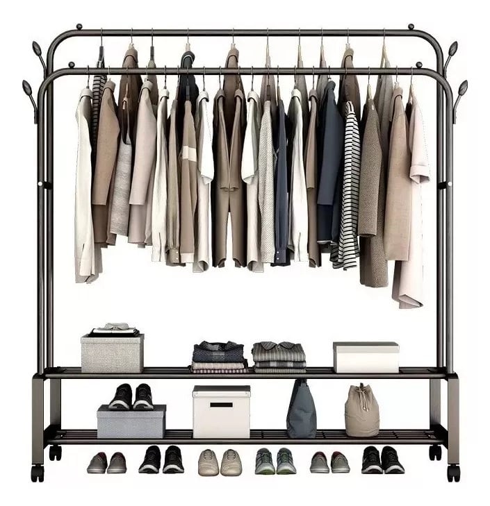 Carril De Ropa Doble con Estantes De 2 Niveles Perchero PREMIUM ...