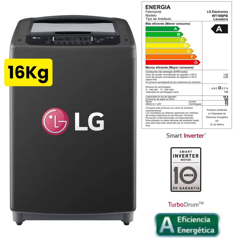 Lavadora LG WT16BPB 16Kg carga superior Smart Inverter Negro Claro LG | falabella.com