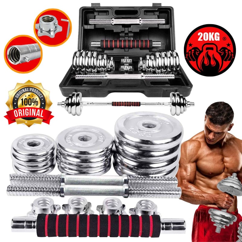 Set de pesas cromadas de 20kg mancuernas adaptador maletín HOLGU ...