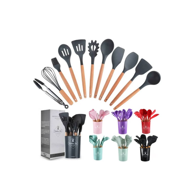 Set Cucharones Utensilios Silicona y Madera para Cocina Premium ...