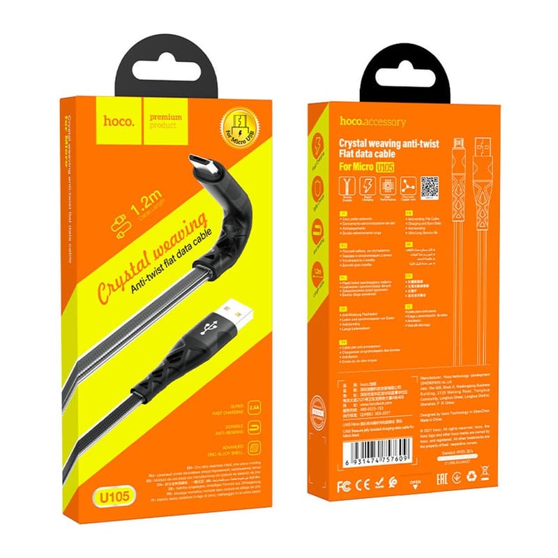Cable USB a Micro USB V8 12m Hoco U105 Trenzado Negro De Calidad HOCO ...