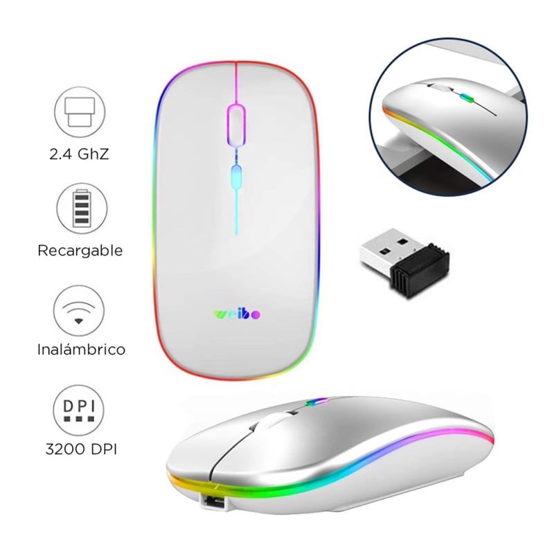 Mouse Inalámbrico 2.4 GHz USB Recargable con Luces Led RGB DPI 3200 ...