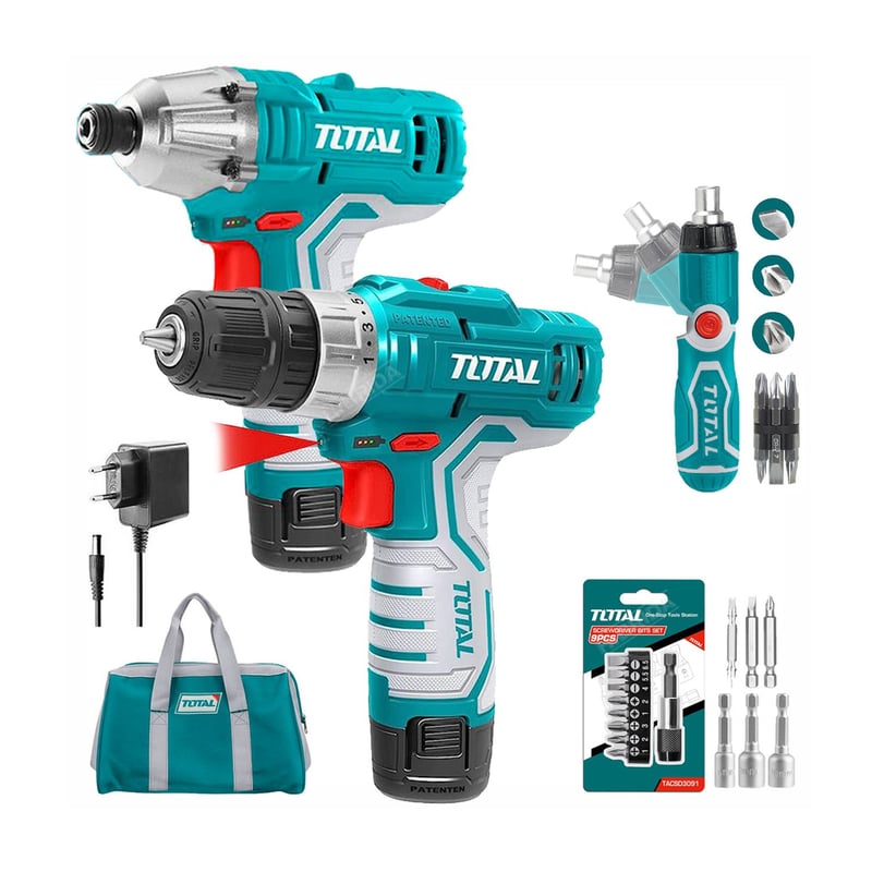 COMBO TALADRO ATORNILLADOR IMPACTO 12V KIT DESARMADOR SET PUNTAS TOTAL ...