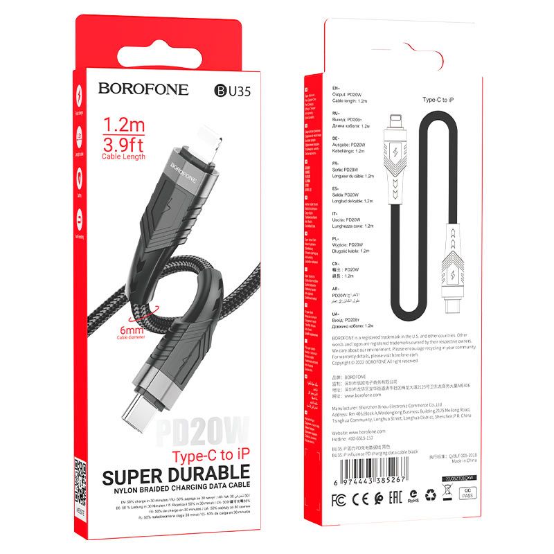 Cable Usb C A Lightning Bu35 Borofone Influencia Pd Color Negro