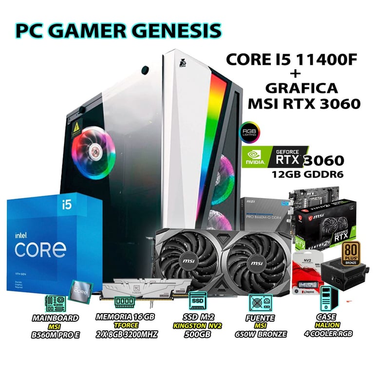 Computadora Gamer Genesis Core i5 11400F RAM 16GB SSD 500GB RTX 3060 ...