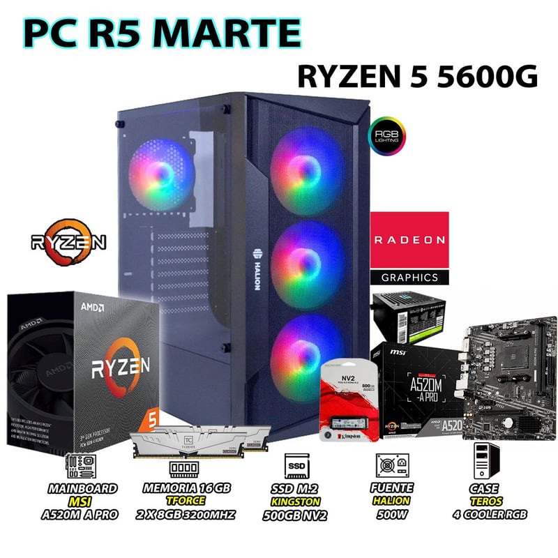Computadora PC Ryzen 5 5600G RAM 16GB DISCO 500GB SSD CON GRAFICOS AMD RADEON AMD | falabella.com