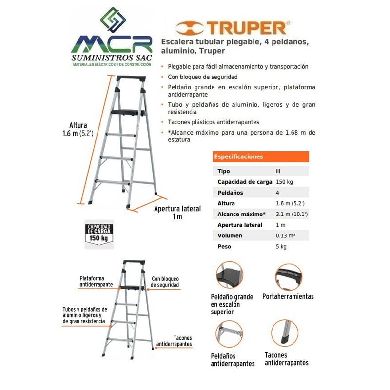 Escalera tubular plegable 4 peldaños aluminio Truper TRUPER | falabella.com