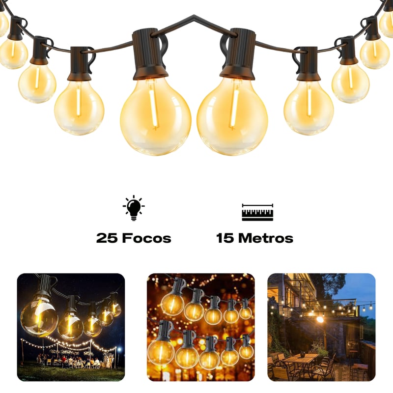 Focos Guirnalda de Luces para exteriores 15 Metros 25 Focos SEISA ...