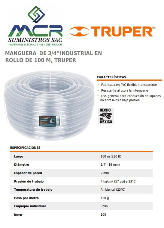 Manguera industrial transparente de 3/4" rollo 100metros 19870 Truper ...