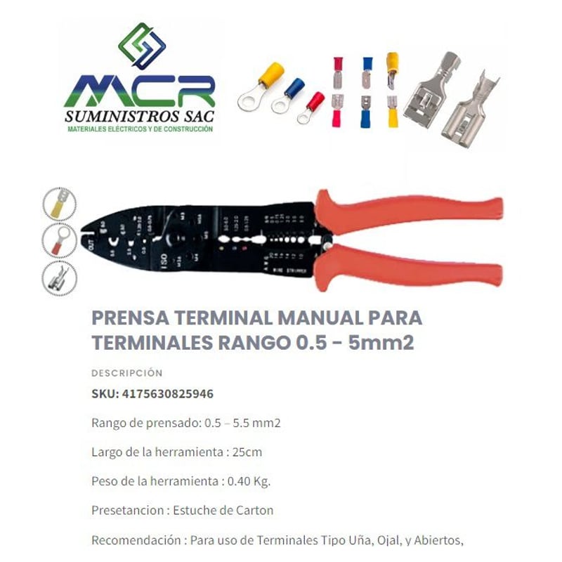 PRENSA TERMINAL MANUAL RANGO 0.5 - 5.5mm2 Tipo Uña, Ojal, y Abiertos ...