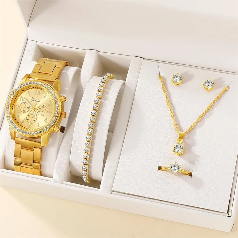 Pack 6 Piezas Reloj Lujo Collar Pulsera Aretes Anillo Mujer Genieka ...
