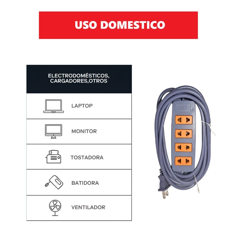 Extensión Eléctrica Vulcanizado 3 Metros x 4 Tomas GRIS | Sodimac Falabella