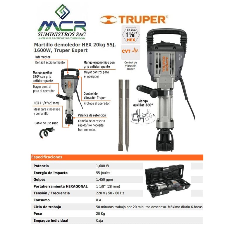Martillo demoledor HEX 1600W 55J 20kg Truper Expert | Sodimac Perú