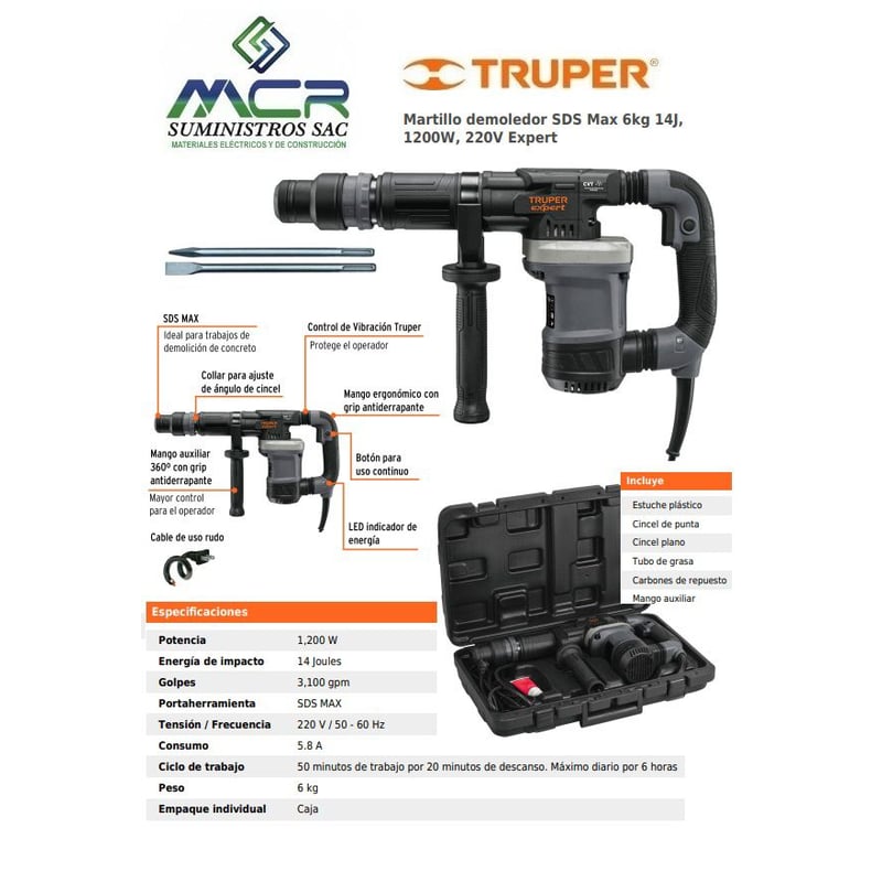 Martillo demoledor SDS Max 1200W 14J 6kg 220V Expert TRUPER | falabella.com