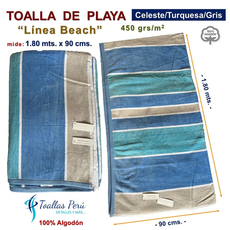 Toalla Playa o Toallón: Celeste/Turquesa/Gris - Algodón 450 grs ...