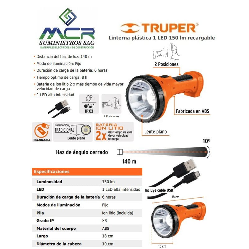 Linterna plástica LED 150 lumenes recargable Truper TRUPER | falabella.com