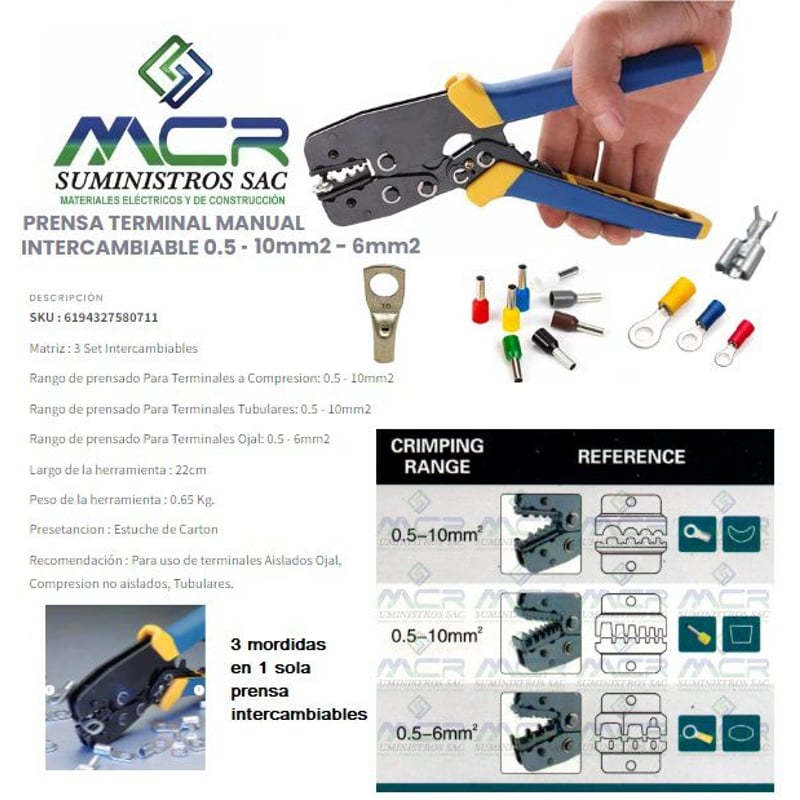 PRENSA TERMINAL MANUAL INTERCAMBIABLE DE 0.5 - 10mm2 - 6mm2 GENERICO ...