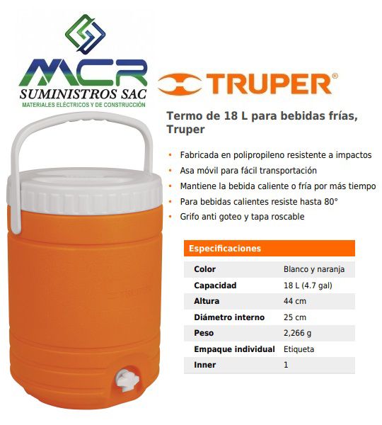 COOLER TERMO PARA BEBIDAS FRÍAS 18 LITROS TRUPER | Sodimac Falabella