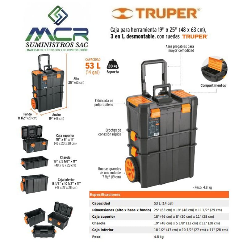 CAJA PARA HERRAMIENTA 19" x 25" RUEDAS Y MANGO 3 en 1 TRUPER TRUPER ...