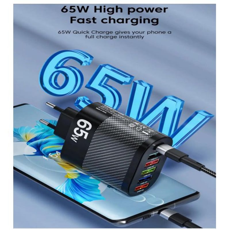 CARGADOR DE CELULAR 65W NEGRO DE 6 PUERTOS CARGA RAPIDA USB Y USB-C SMART ELECTRONIC | falabella.com