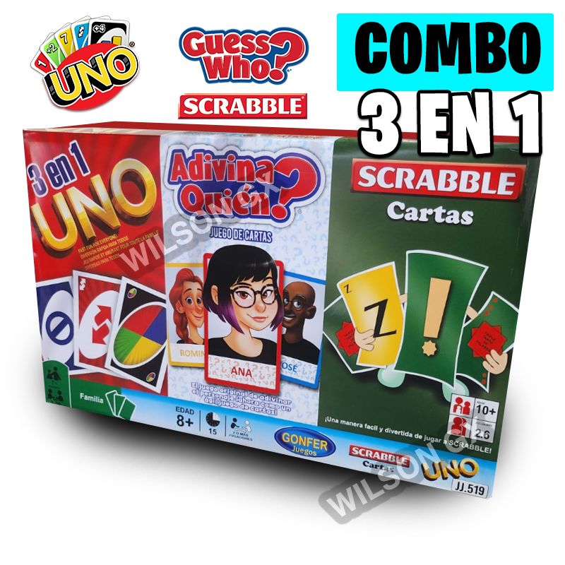 Combo Juego de Mesa Uno Scrabble Cartas Adivina Quien 3 en 1 GENERICO ...
