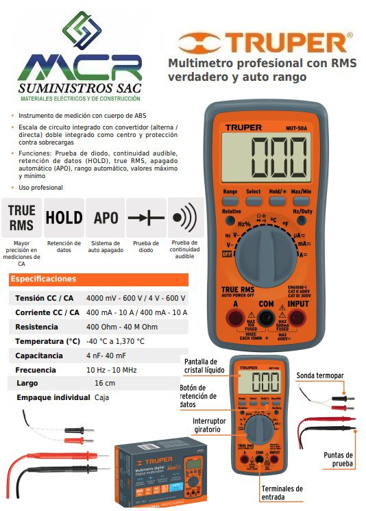 Multimetro profesional con RMS y auto rango 600V AC CC TRUPER TRUPER ...