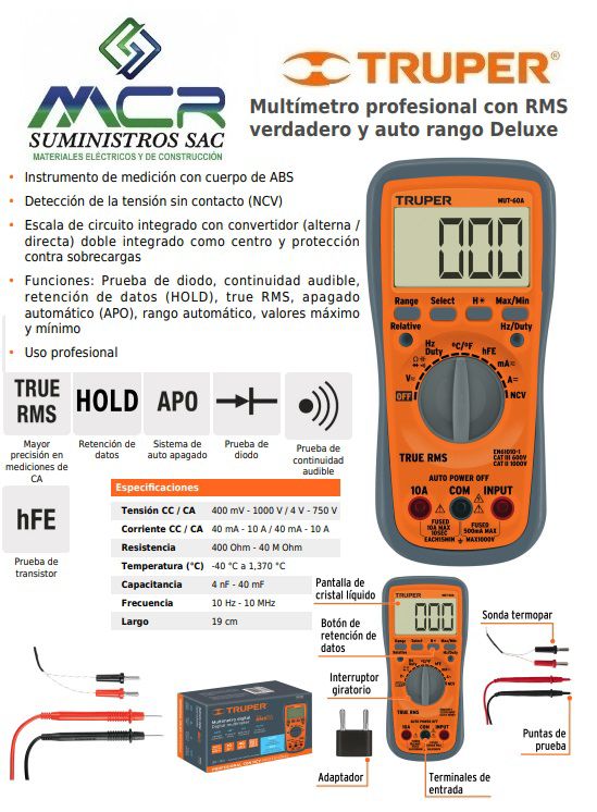 Multimetro profesional con RMS y autorang Delux 750-1000V AC-CC TRUPER ...