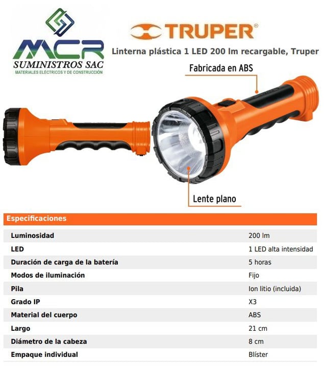 Linterna plástica LED 200 lm recargable Truper TRUPER | falabella.com
