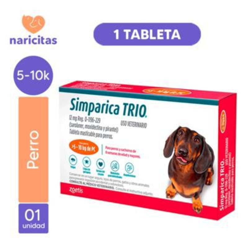 ANTIPULGAS Y ANTIPARASITARIO SIMPARICA TRIO 5 A 10KG X1 TAB SIMPARICA ...
