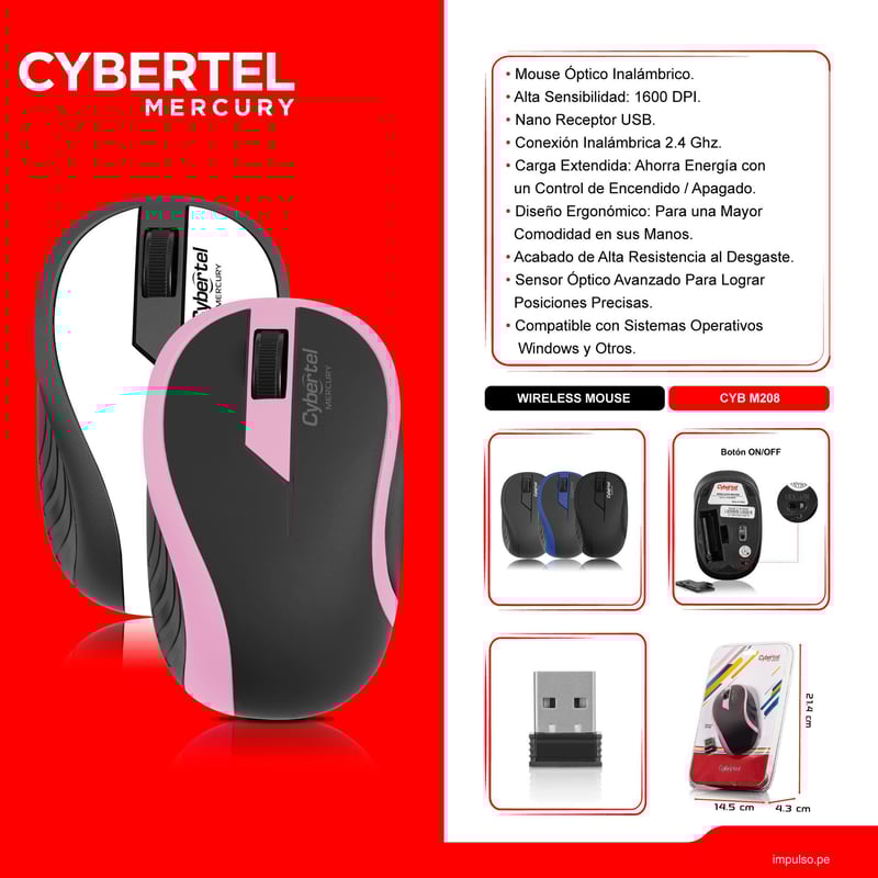 MOUSE INALAMBRICO MERCURY PINKBLACK CYB M208-CYBERTEL CYBERTEL ...