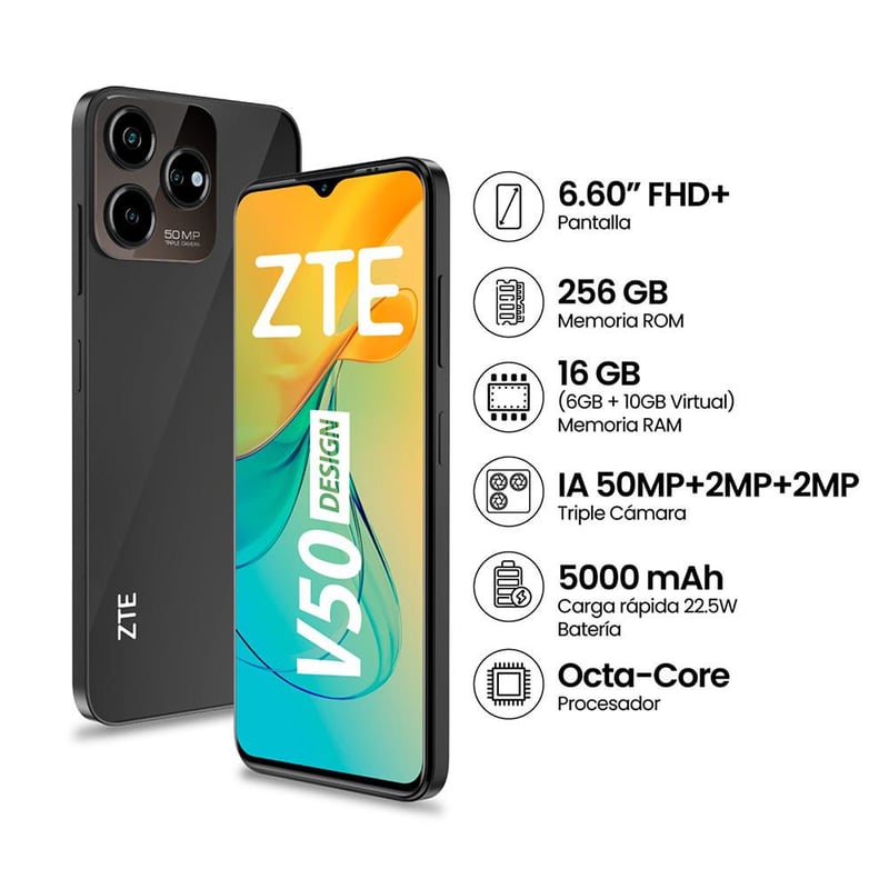 Celular ZTE V50Design 66 16GB 256GB 50MP Negro ZTE | falabella.com