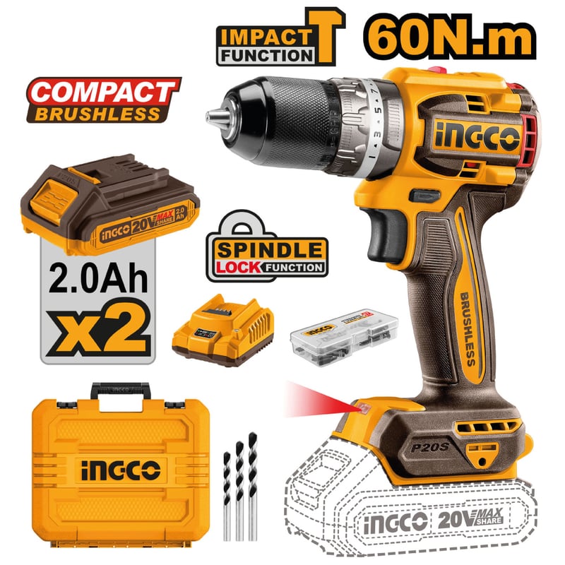 Taladro Percutor Brushless Chuck Metálico INGCO 20V CIDLI20602 INGCO ...