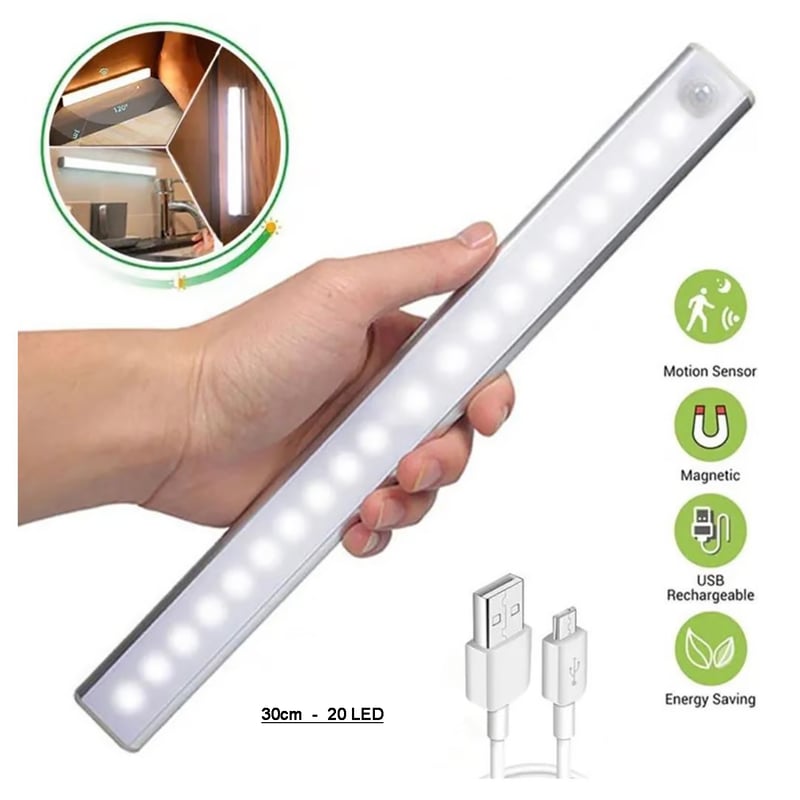 Barra de Luz Led Recargable con Sensor Movimiento de 30cm con USB ...